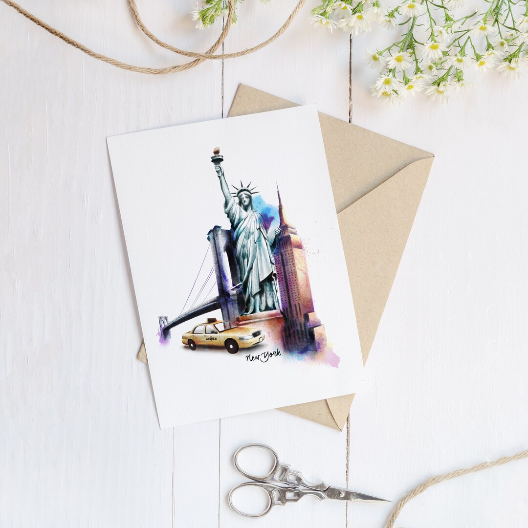 Statue of Liberty Hand Drawn Card New York City Watercolour ...