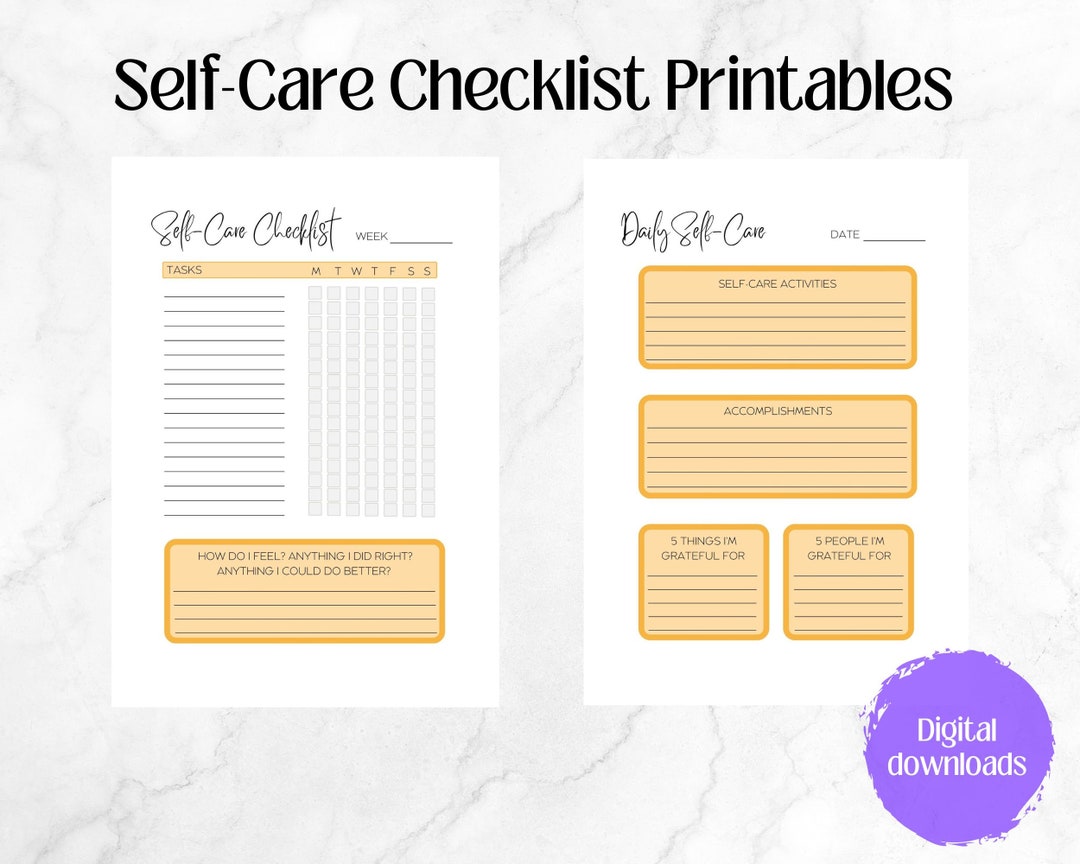 Orange Self-care Checklist Printables, Daily Wellbeing Pages ...
