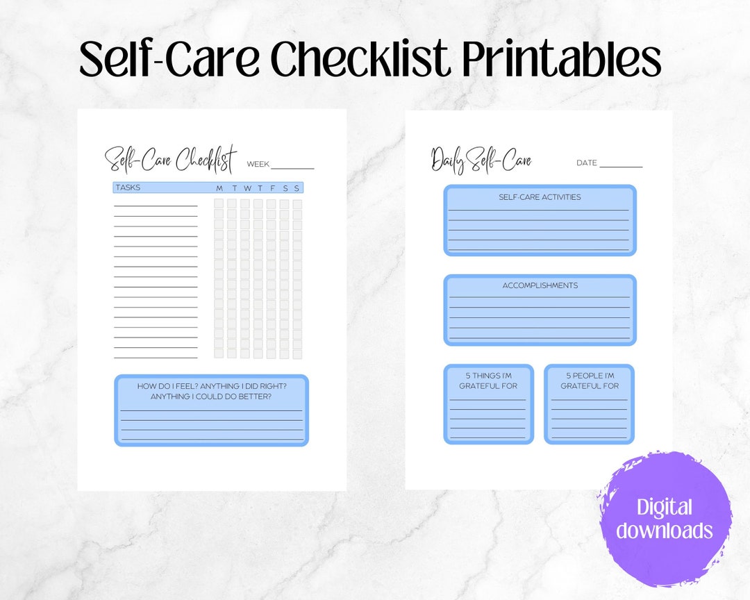 Blue Self-care Checklist Printables, Daily Wellbeing Pages, Mindfulness ...