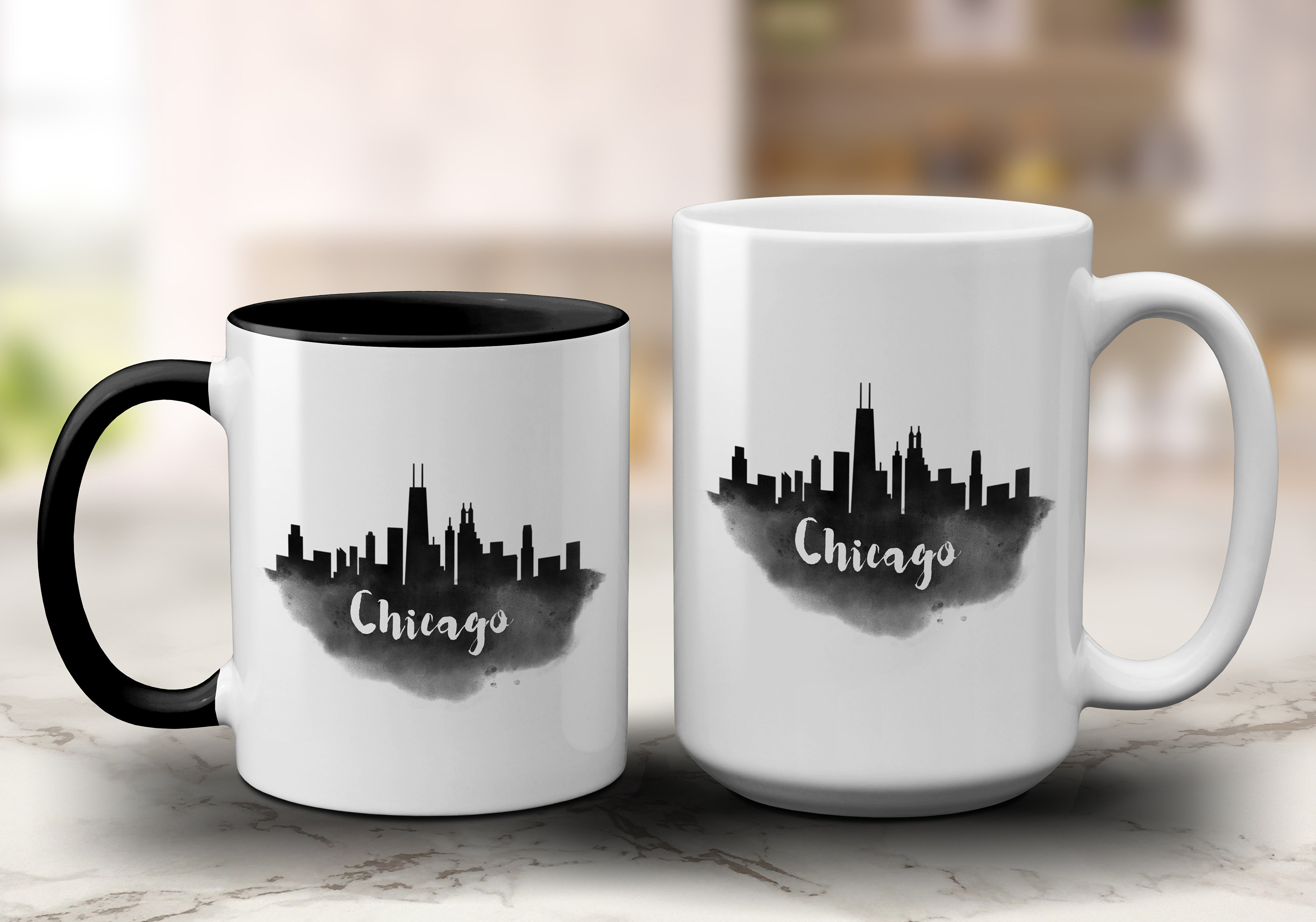 Chicago City Skyline Coffee Mug, Black Watercolor, Chicago Mug, Travel ...