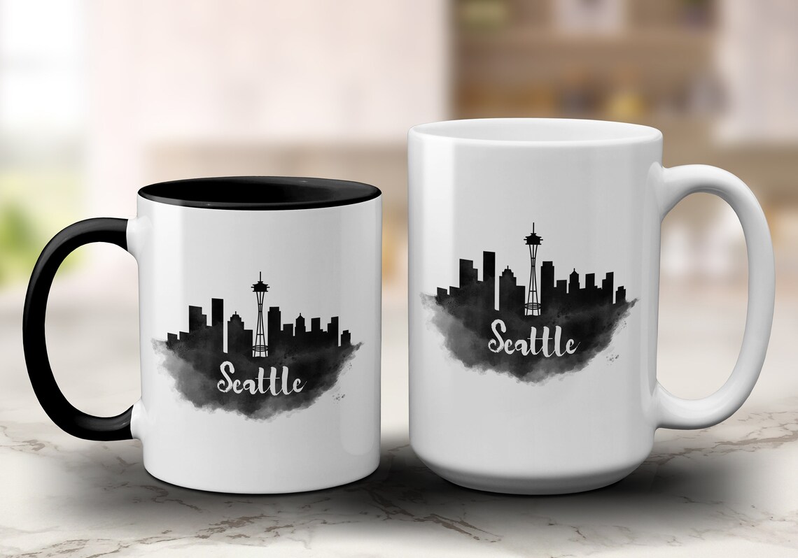 Seattle City Skyline Coffee Mug Black Watercolor Washington - Etsy