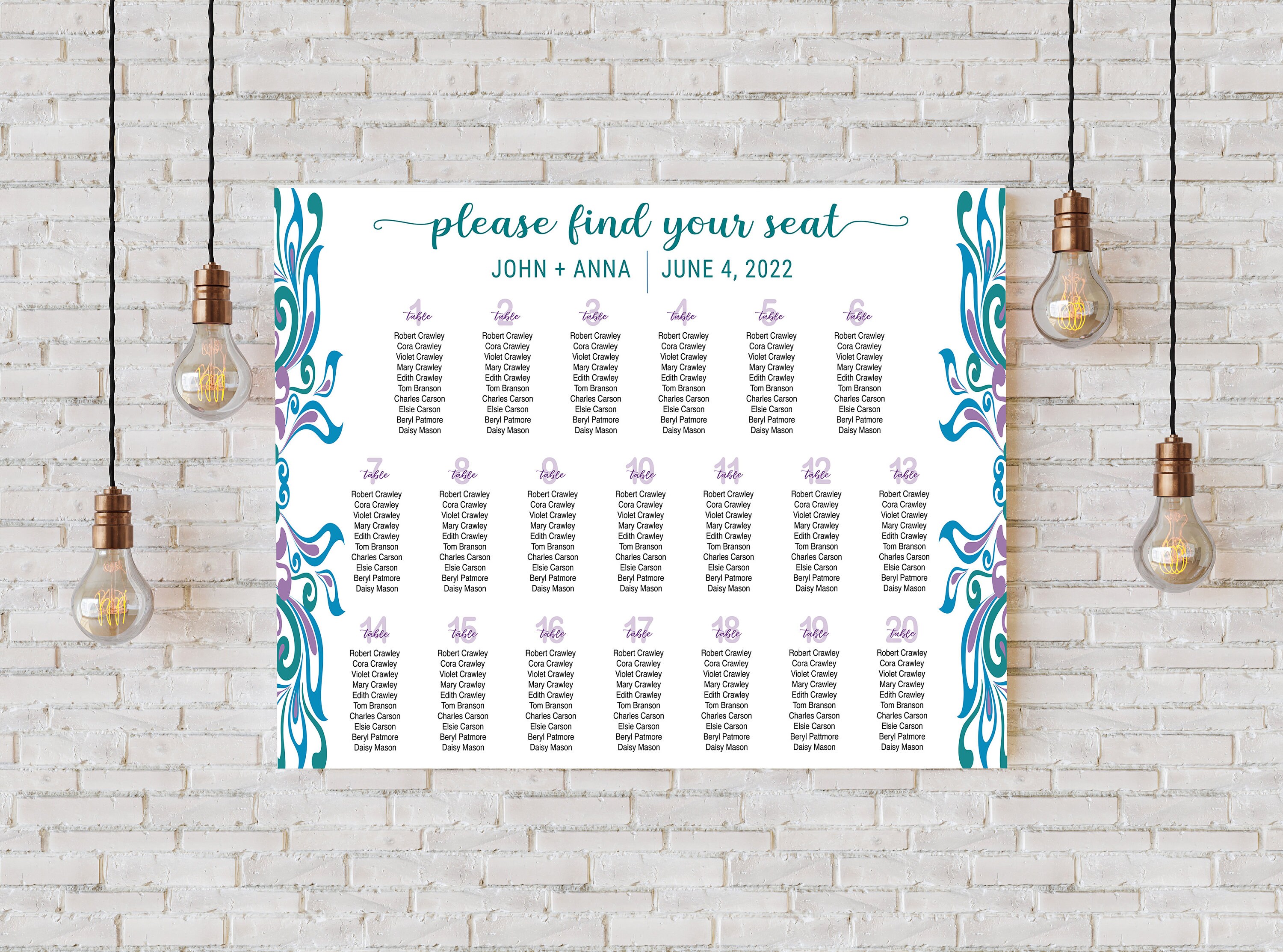 Paisley Peacock Wedding Seating Chart Customized Printable - Etsy