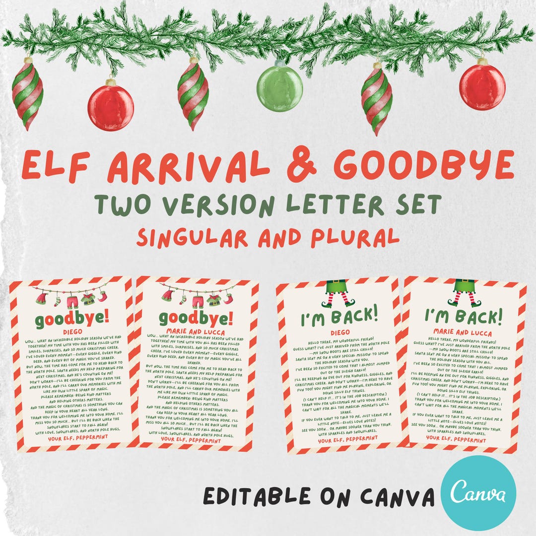 Elf Arrival & Goodbye Letter Set — Singular-plural (editable) 5x7 CANVA ...
