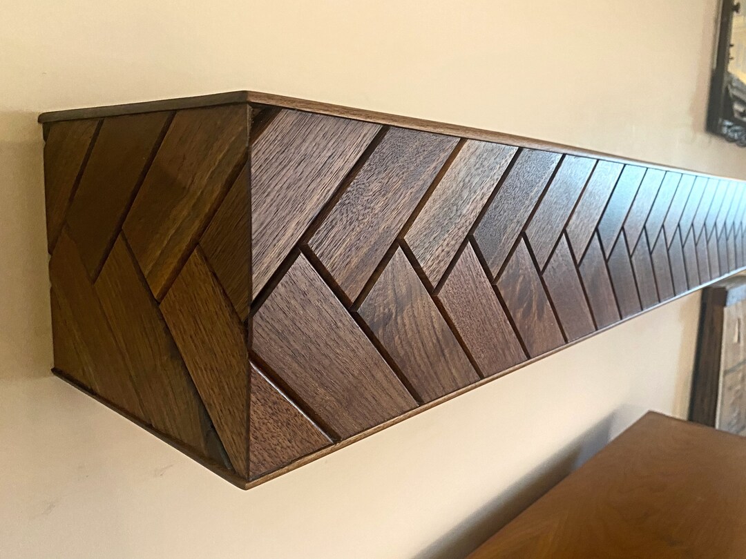 Walnut Fireplace Mantel & Floating Shelf, Solid Walnut Herringbone ...