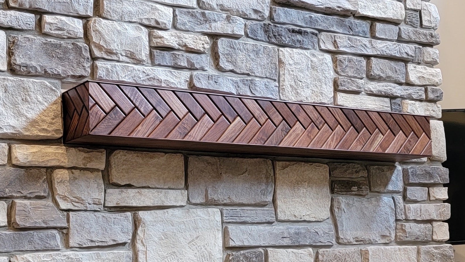 Walnut Fireplace Mantel & Floating Shelf, Solid Walnut Herringbone ...