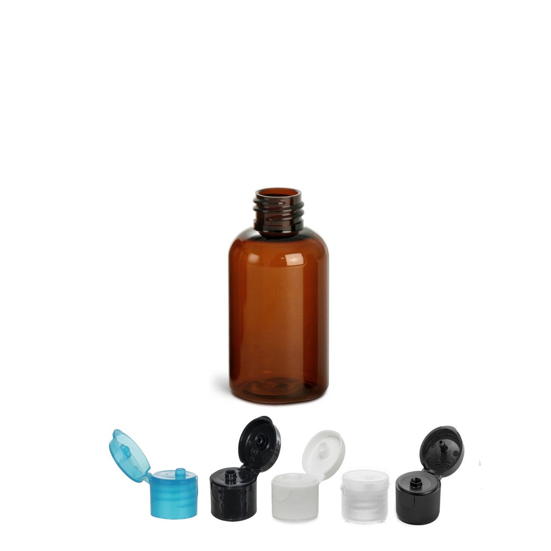 2 Oz Amber Boston Round Bottles With Flip up Snap Caps, PET Plastic ...