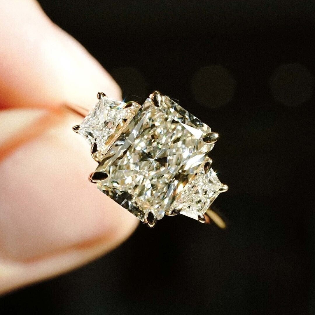 3 CT Radiant Cut Moissanite Diamond Engagement Ring With Two Trapezoids ...