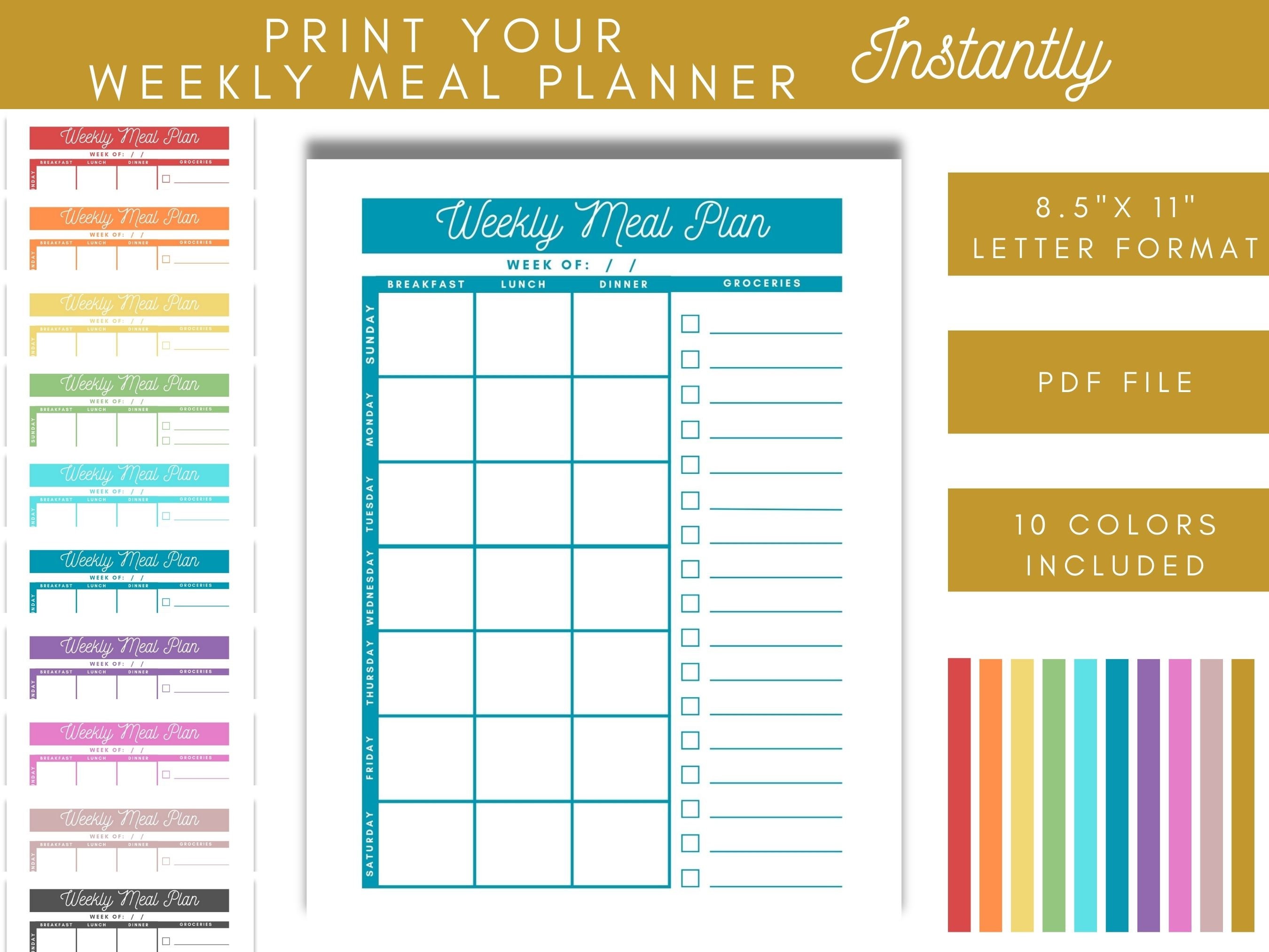 Weekly Meal Plan Printable Meal Planner Template Grocery List Food ...