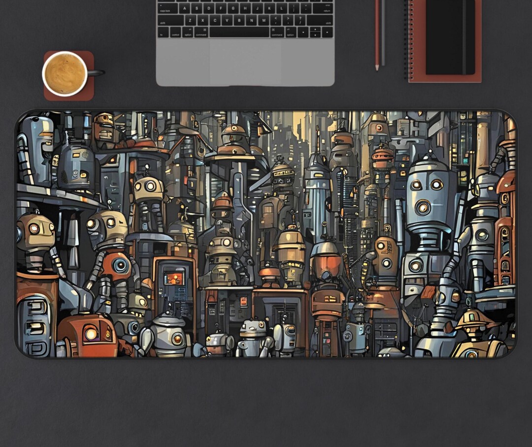 Whimsical Robot Desk Mat XL Gamer Mouse Pad - Unique Home Office Decor ...