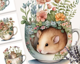Watercolor Mice in Cups Clipart Cute Rat and Mug Digital - Etsy