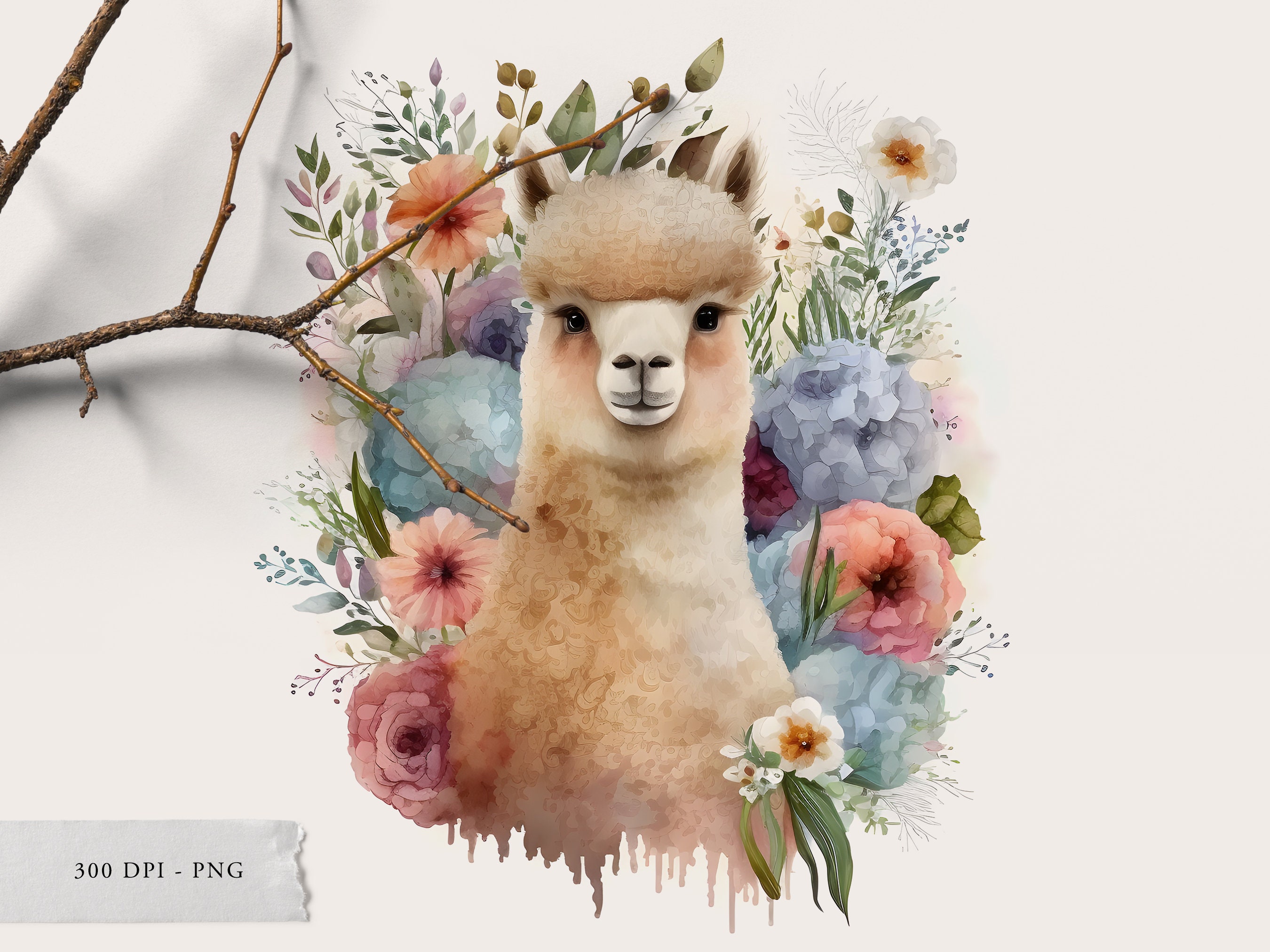 Llamas Clipart, Alpaca Clipart, Pastel Floral Wreath, Cute Animal Png ...