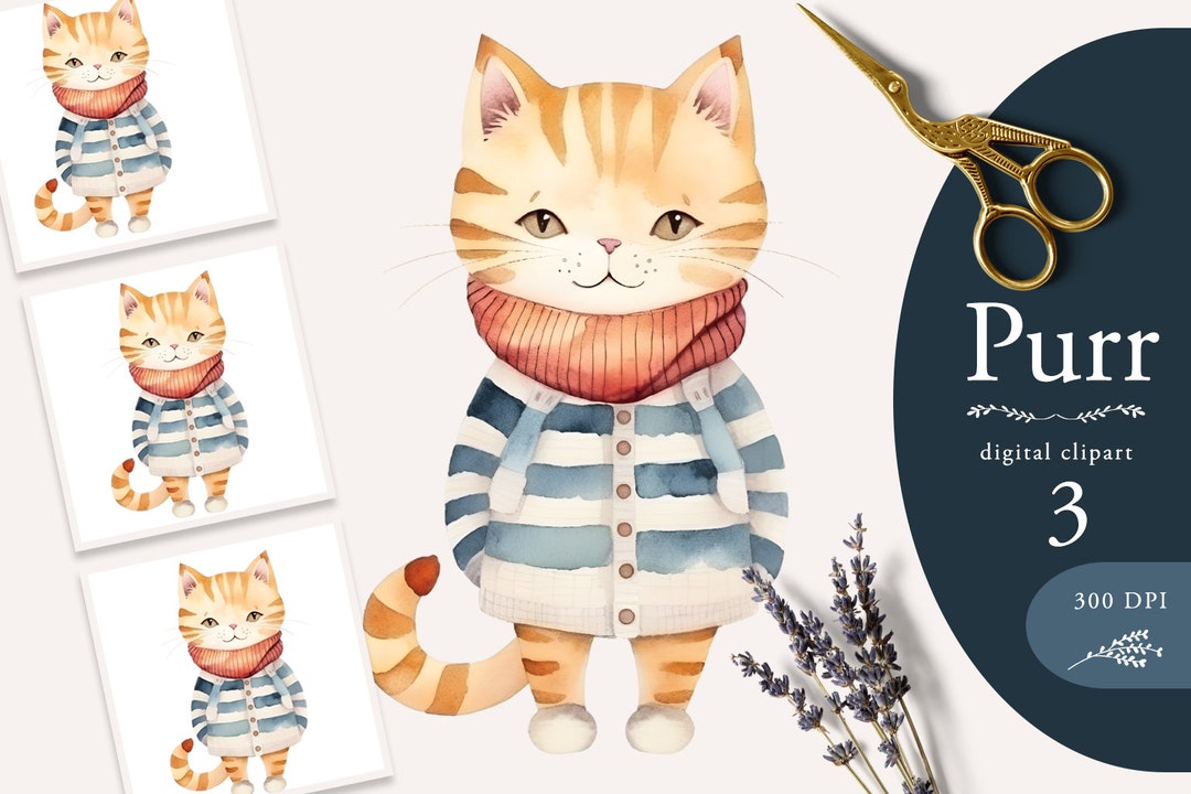 Cat Clipart, Watercolor Cat Clipart, Whimsical Cat Clipart, Whimsical ...