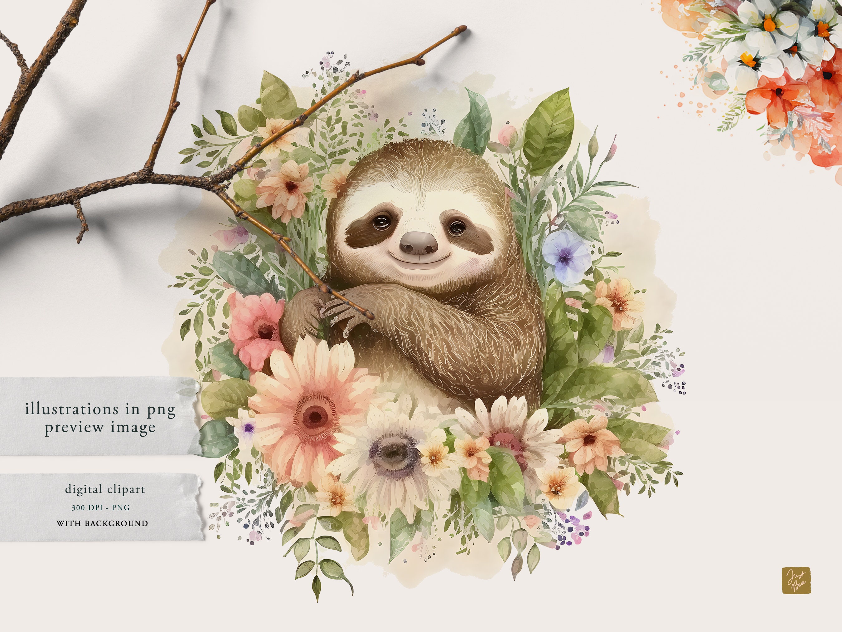 Watercolor Sloth Clipart, Sloth Clipart, Sloth Illustration, Watercolor ...