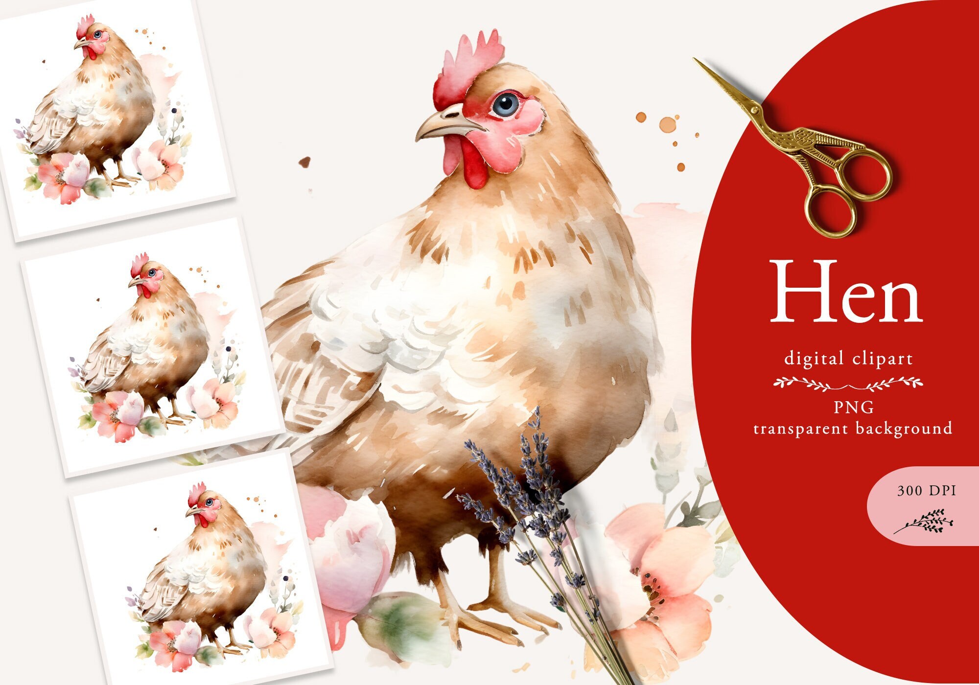 Hen Clipart, Watercolor Hen Clipart, Hen in Flowers Clipart, Watercolor ...