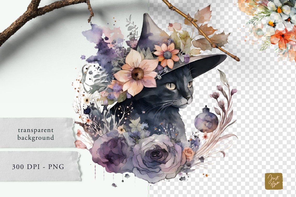 Cat Clipart, Cat and Witch PNG Clipart, Watercolor Cat Clipart ...