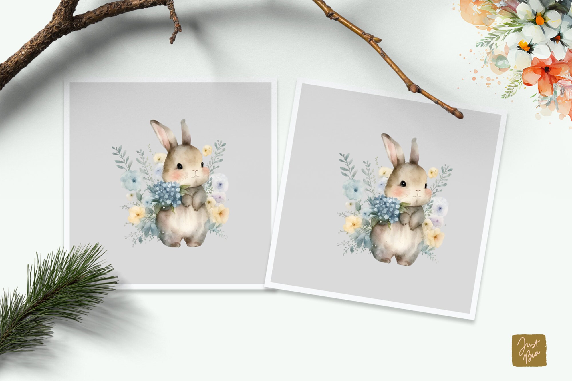 Bunny Clipart, Easter Clipart, Watercolor Bunny, Floral Bunnies Clipart ...