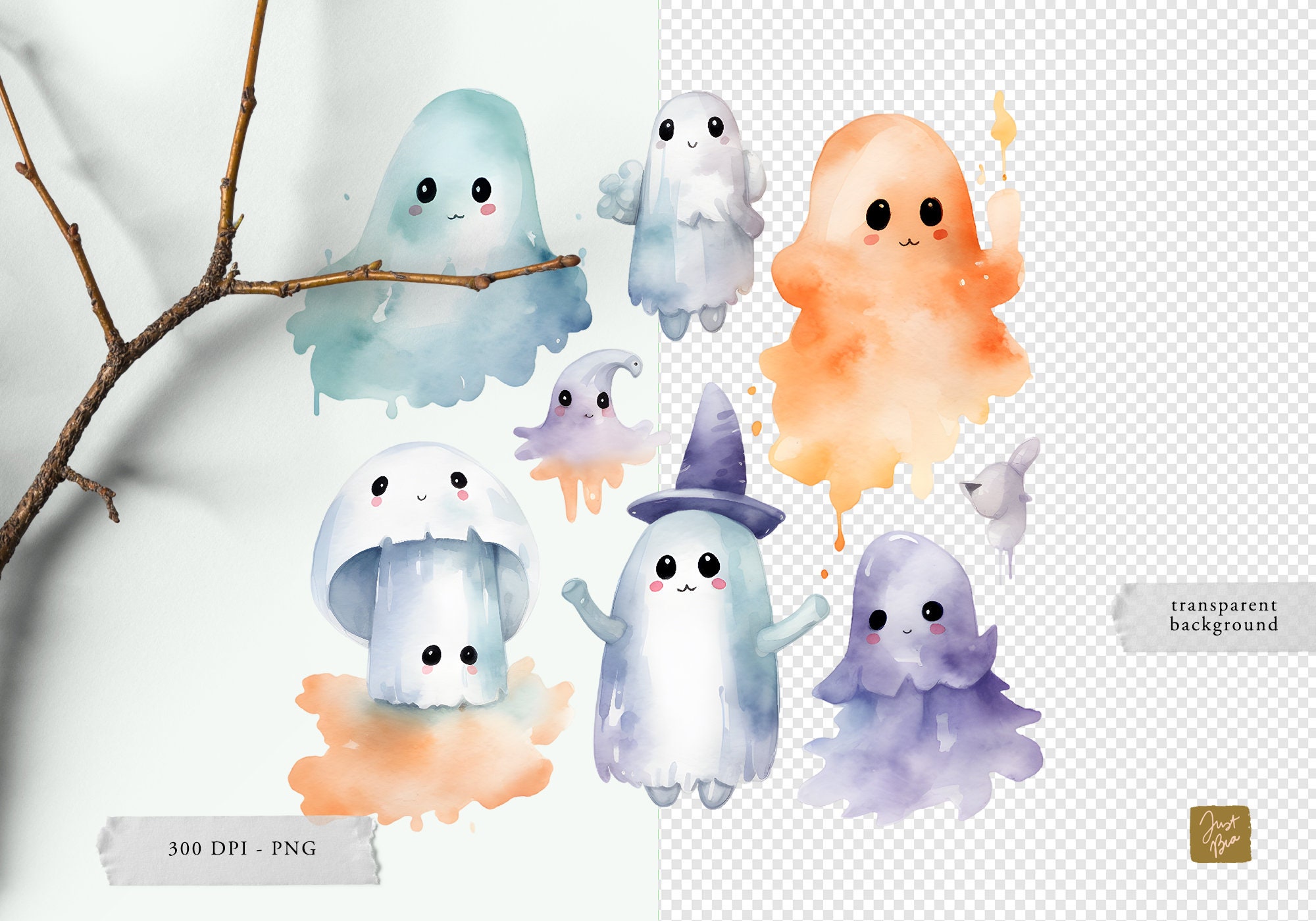Watercolor Ghost Clipart, Halloween Clipart, Watercolor Halloween ...