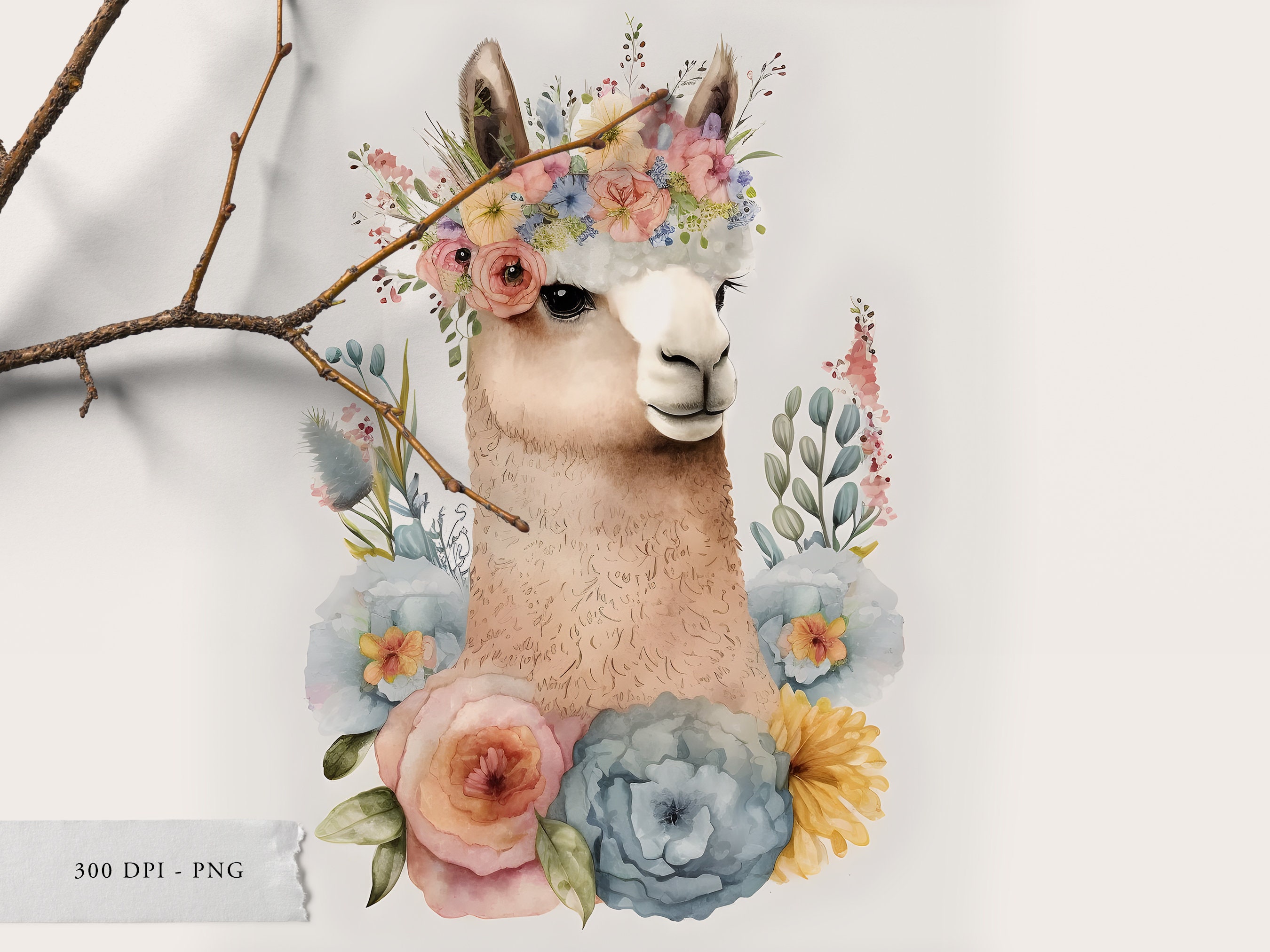 Llamas Clipart, Alpaca Clipart, Pastel Floral Wreath, Cute Animal Png ...