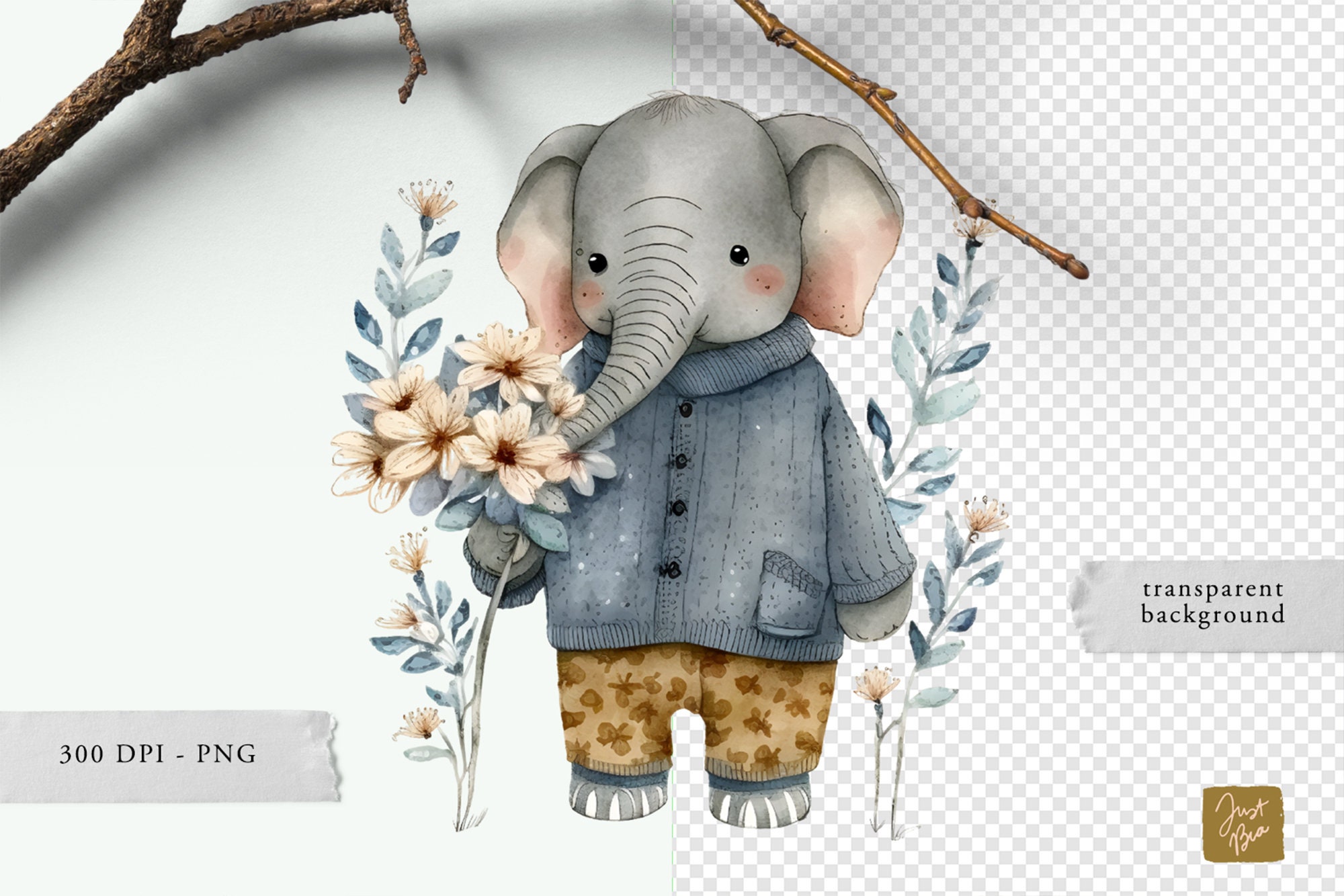 Elephant Clipart, Watercolor Elephant, Whimsical Elephant, Clipart for ...