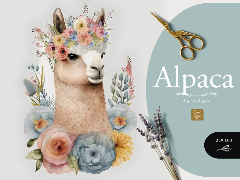 Llamas Clipart, Alpaca Clipart, Pastel Floral Wreath, Cute Animal Png ...