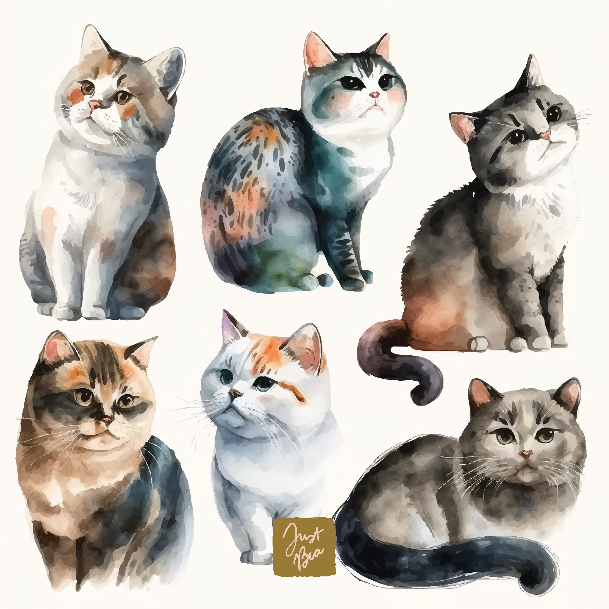 Cute Watercolor Cats Clipart Set: Cats Clip Art Instant - Etsy