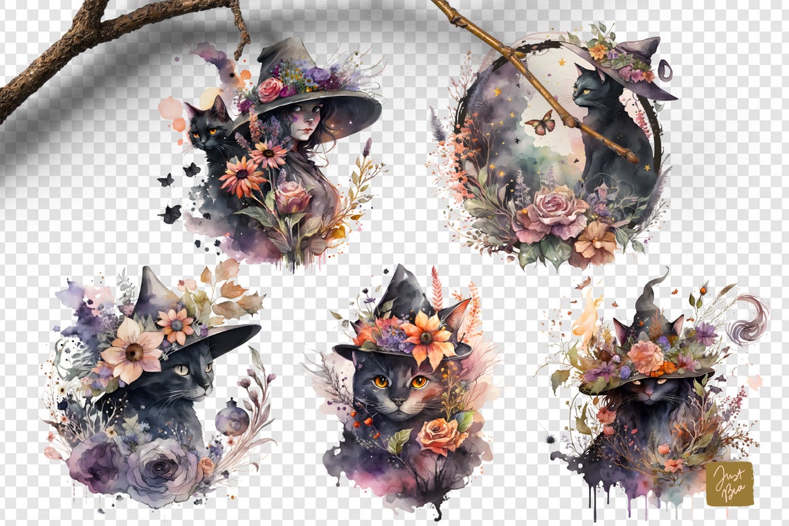 Cat Clipart, Cat and Witch PNG Clipart, Watercolor Cat Clipart ...