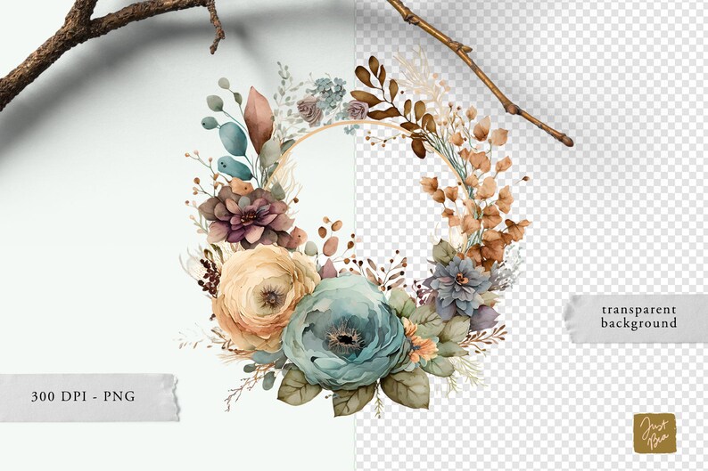 Boho Floral Wreath Clipart, Floral Wreath Clipart, Watercolor Floral ...