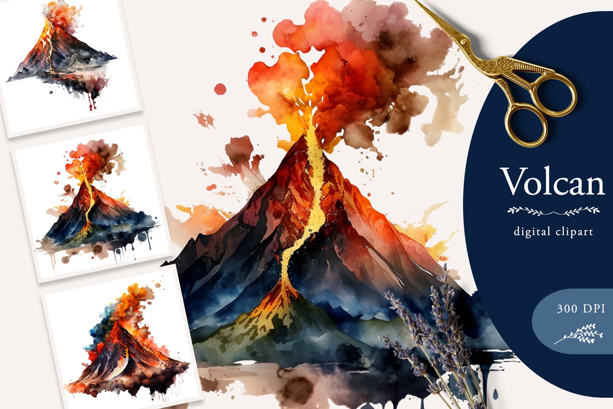 Volcano Clipart, Watercolor Volcano Clipart, Watercolor Clipart ...
