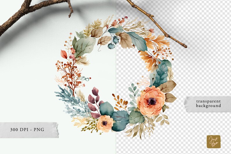 Boho Floral Wreath Clipart, Floral Wreath Clipart, Watercolor Floral ...
