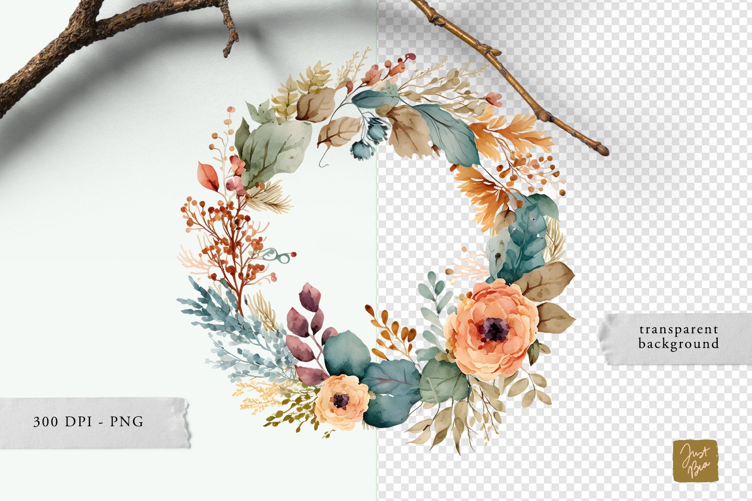 Boho Floral Wreath Clipart, Floral Wreath Clipart, Watercolor Floral ...