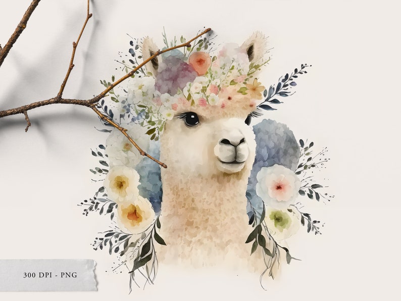 Llamas Clipart, Alpaca Clipart, Pastel Floral Wreath, Cute Animal Png ...