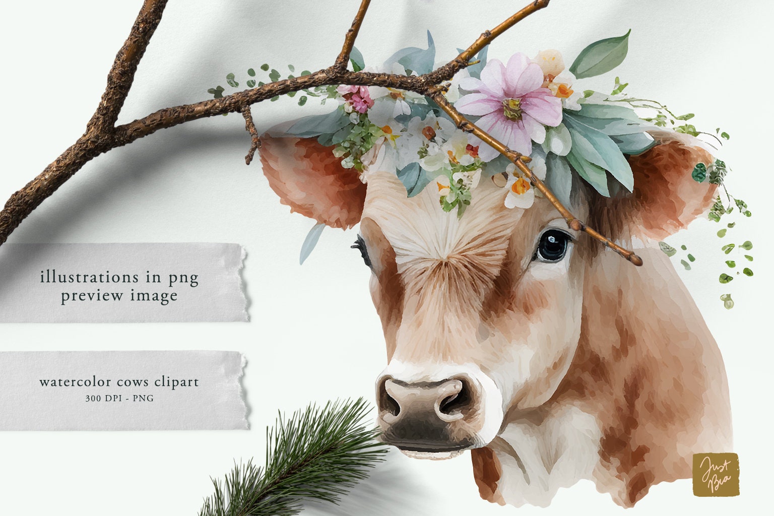 Cute Adorable Set of 4 Watercolor Cows Illustration, Watercolor Cute ...