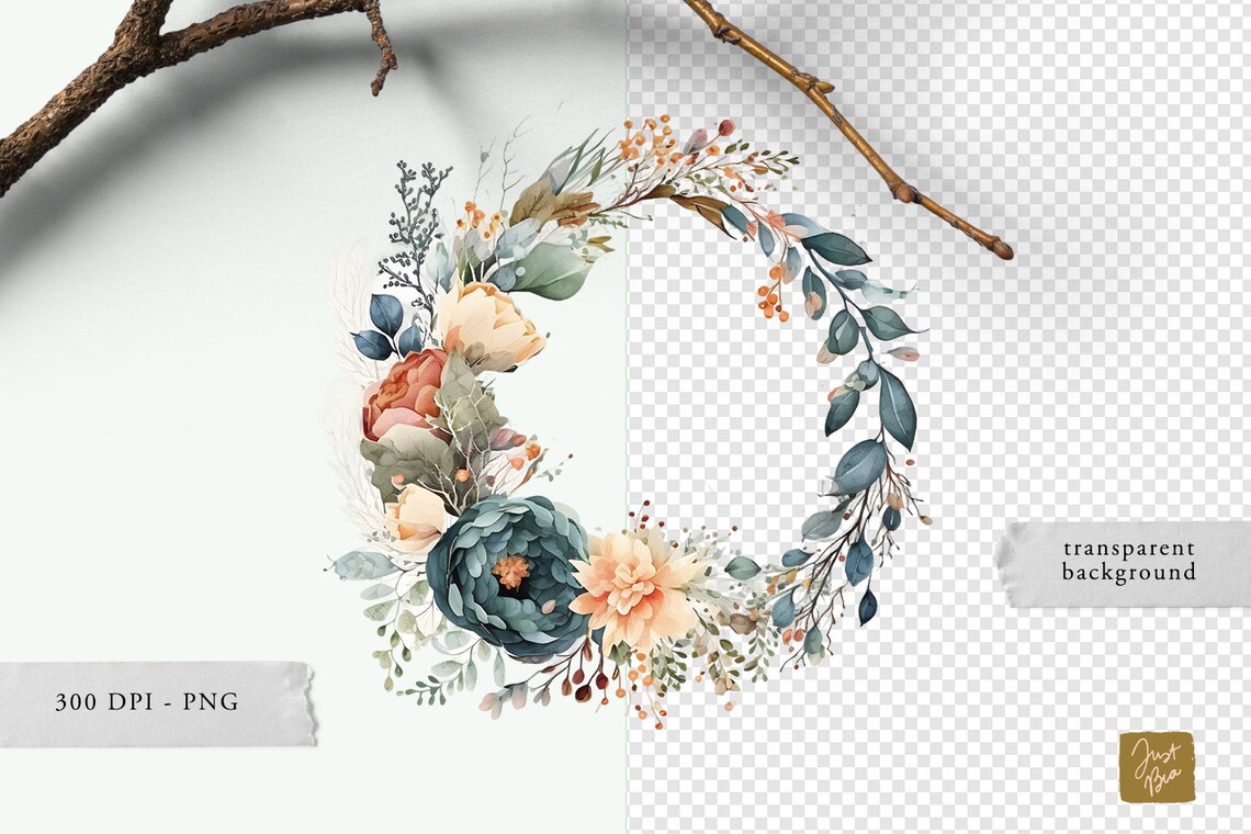 Boho Floral Wreath Clipart, Floral Wreath Clipart, Watercolor Floral ...