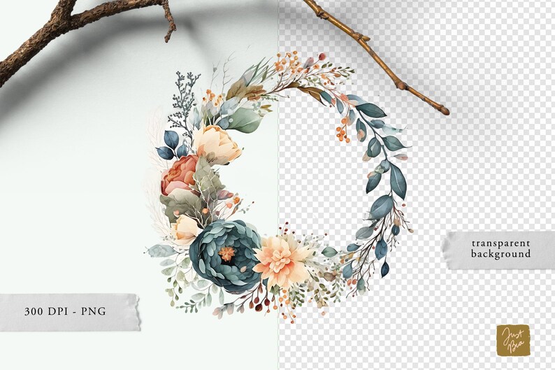 Boho Floral Wreath Clipart, Floral Wreath Clipart, Watercolor Floral ...