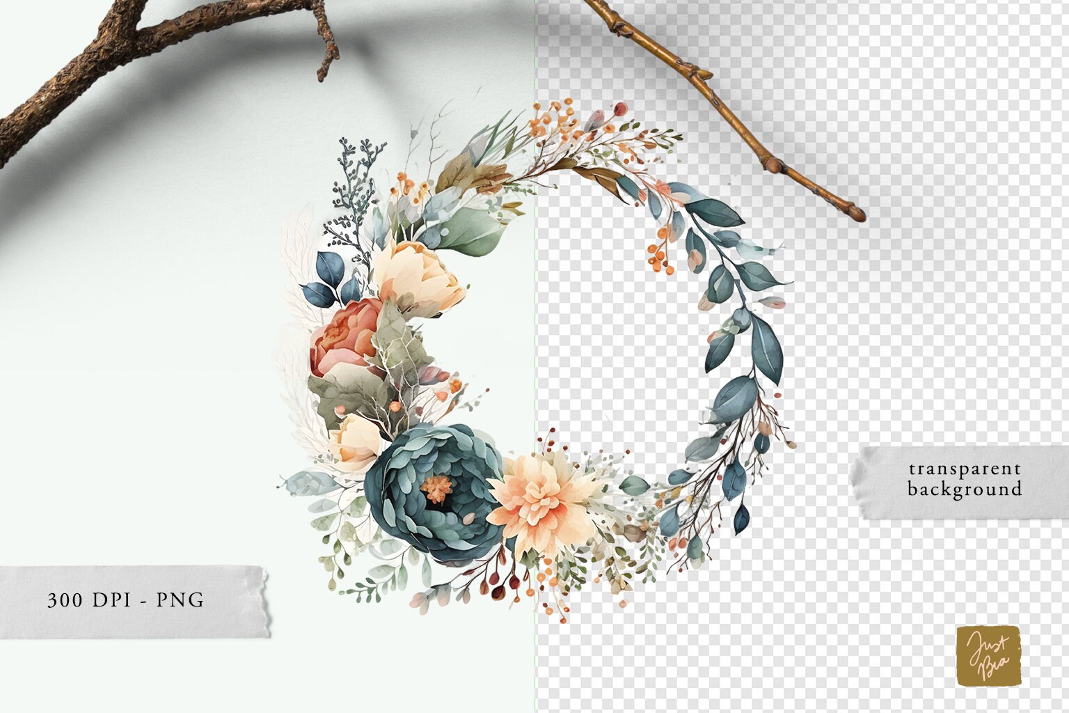 Boho Floral Wreath Clipart, Floral Wreath Clipart, Watercolor Floral ...