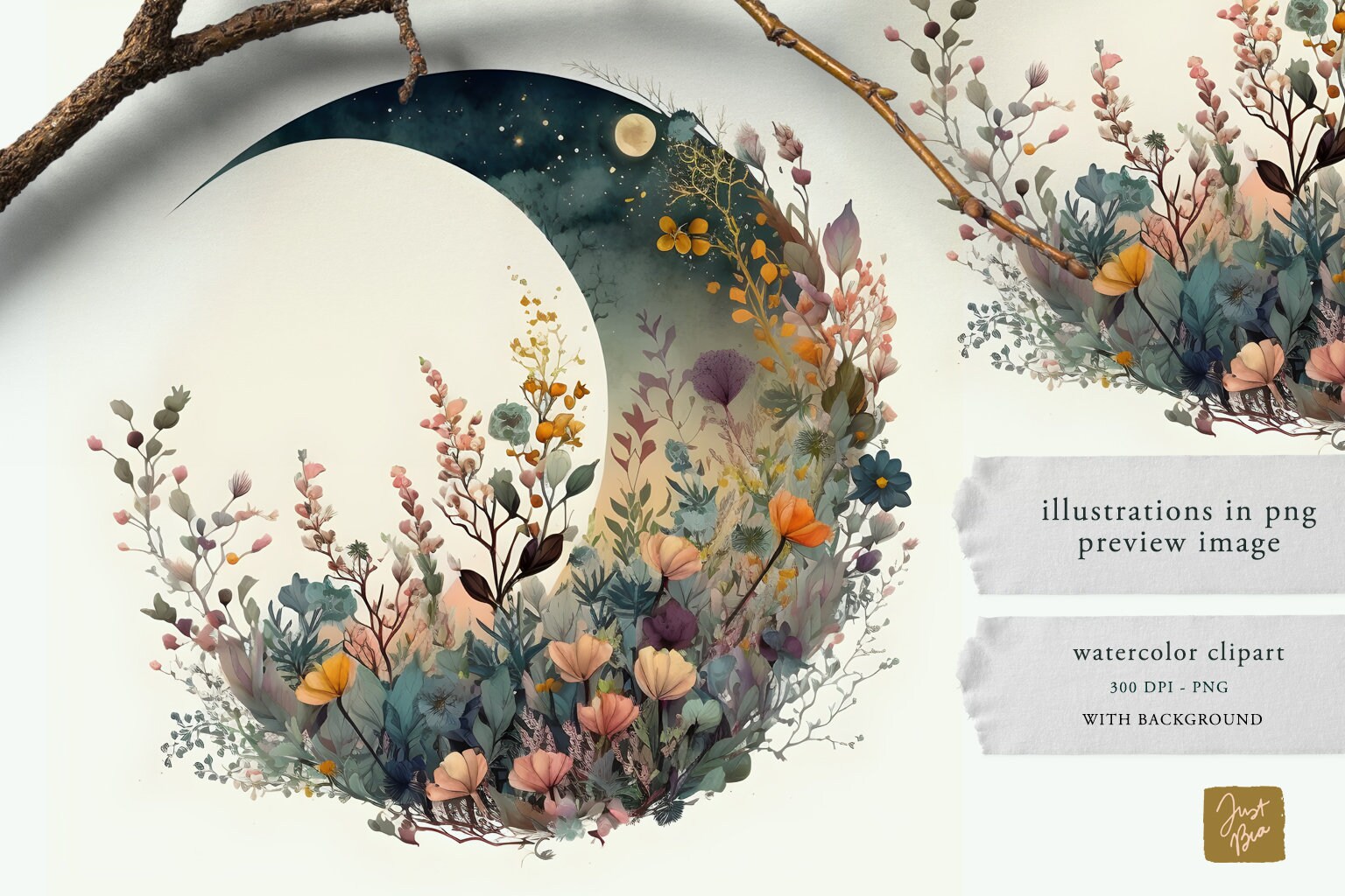 Watercolor Botanical Moon Clipart, Watercolor Moons, Whimsical ...