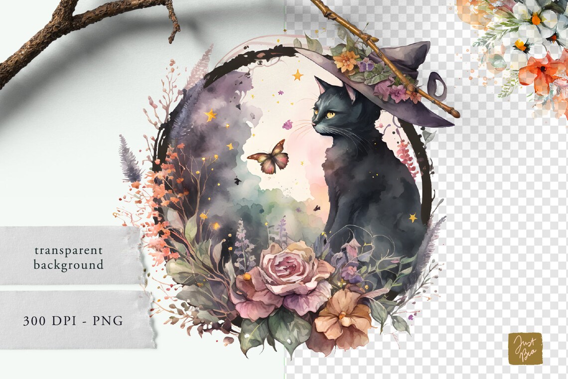 Cat Clipart, Cat and Witch PNG Clipart, Watercolor Cat Clipart ...