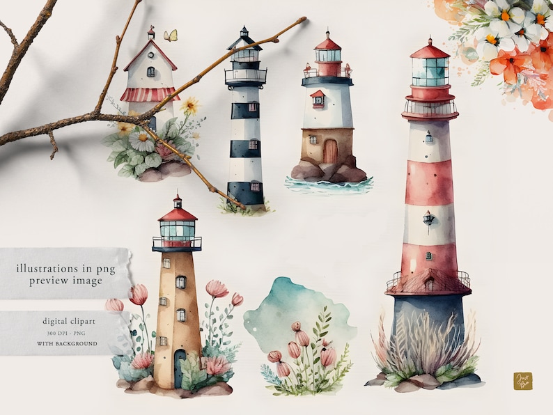 Lighthouses Clipart, Watercolor Lighthouses, Watercolor Bundle ...