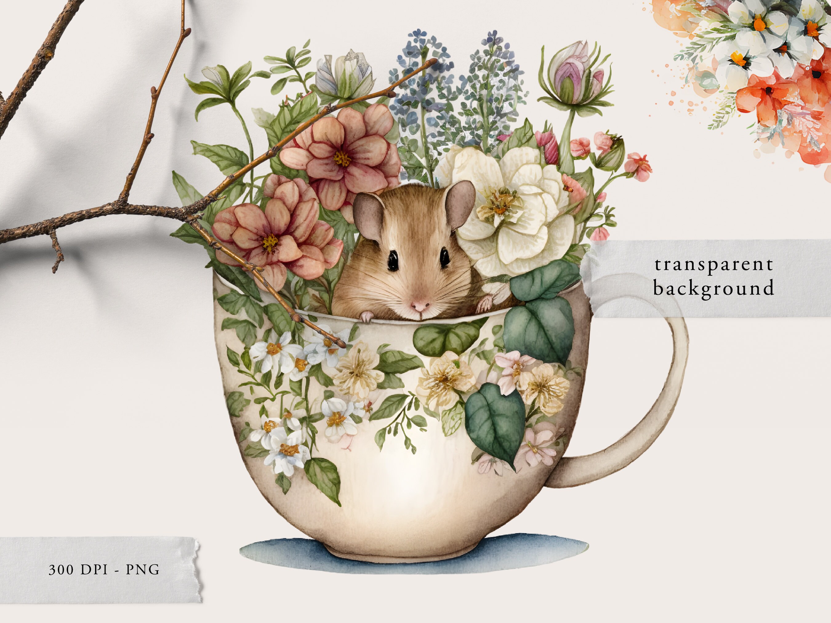 Mice Clipart, Mice in Tea Cups, Mice Whimsical Clipart Set - Watercolor ...