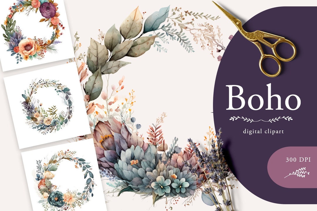 Boho Floral Wreath Clipart, Floral Wreath Clipart, Watercolor Floral ...