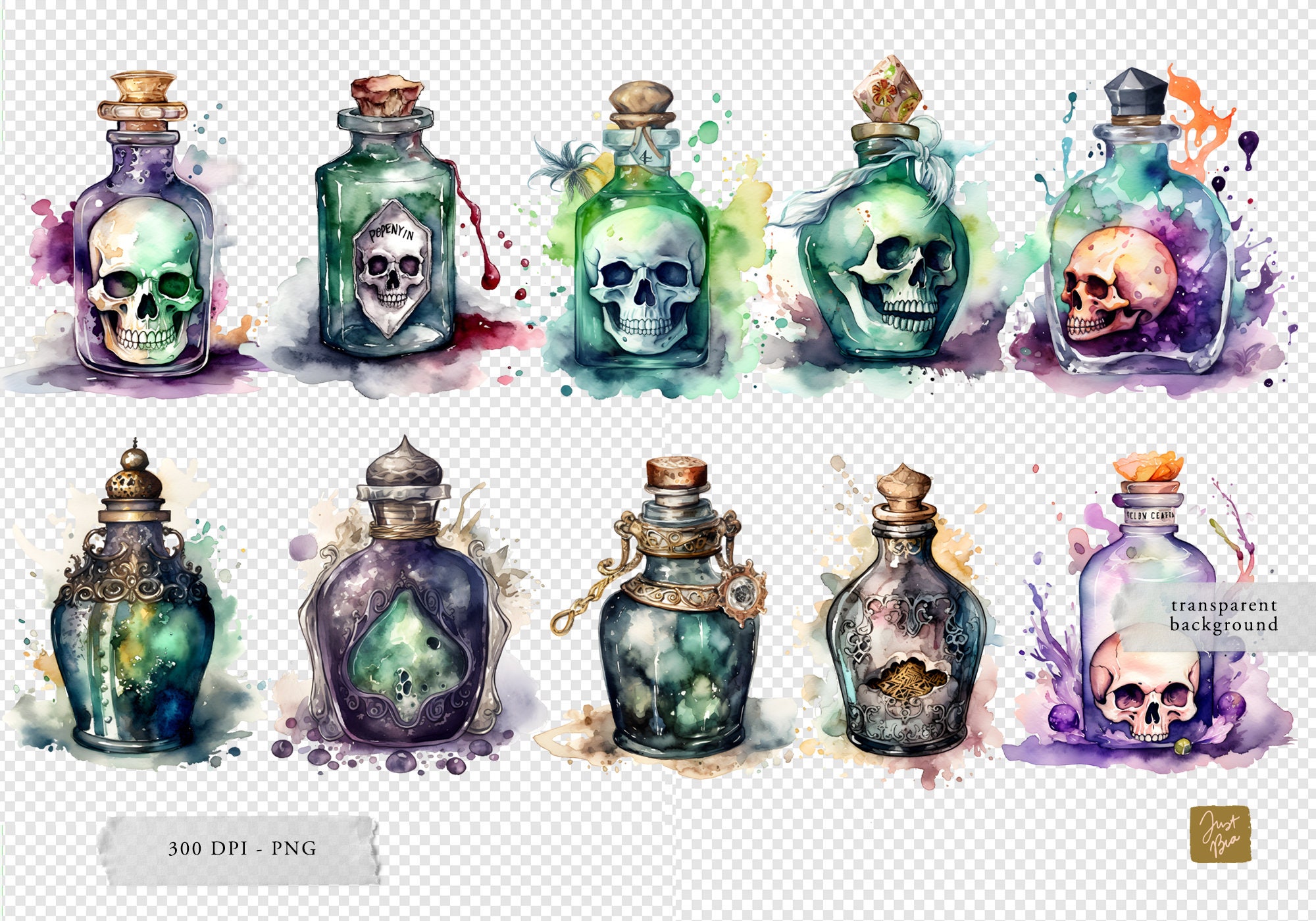 Watercolor Halloween Potion Clipart, Halloween Poison Bottle Clipart ...