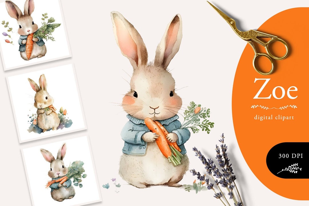 Watercolor Bunny Clipart, Whimsical Bunny Clipart, Cute Watercolor ...