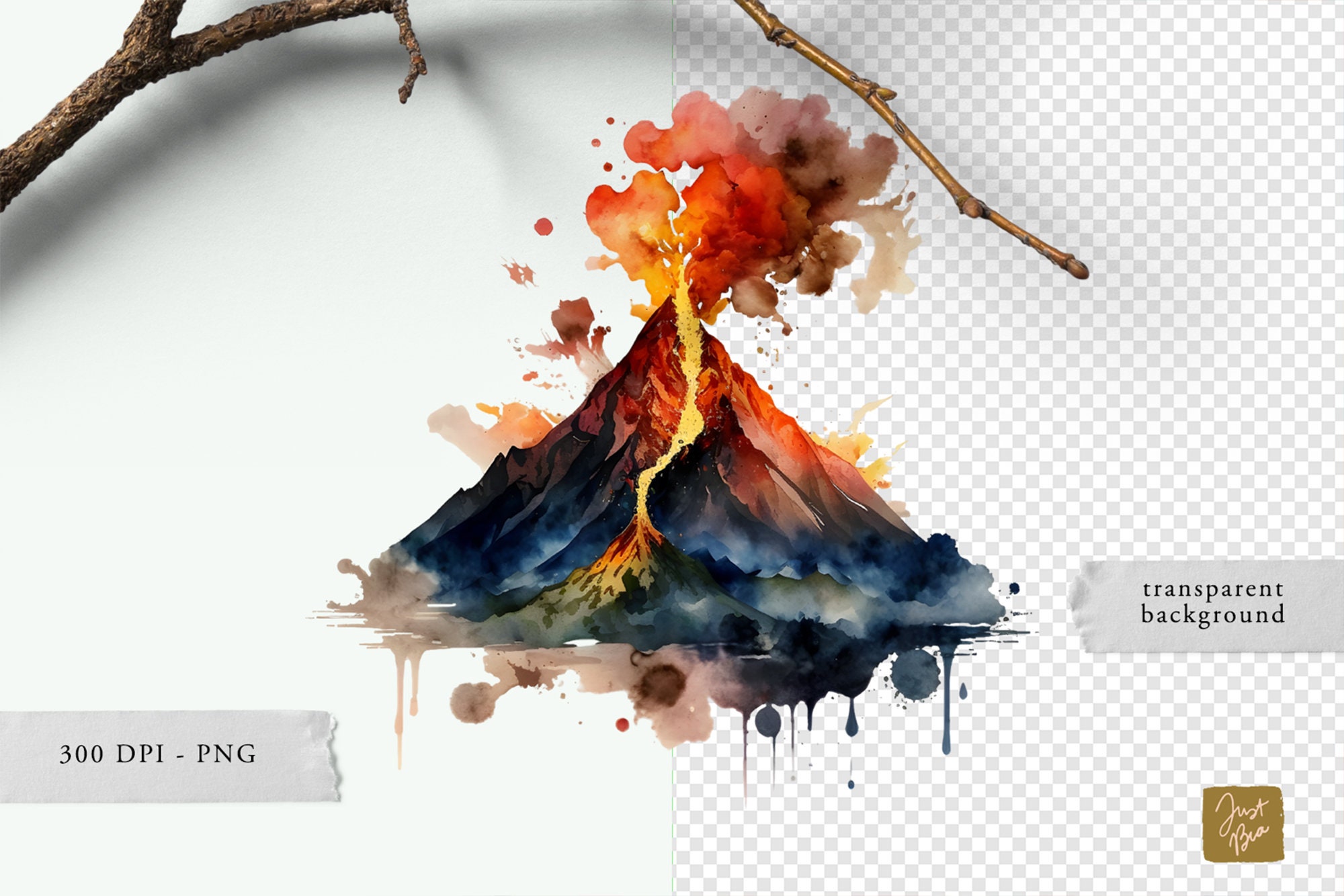 Volcano Clipart, Watercolor Volcano Clipart, Watercolor Clipart ...