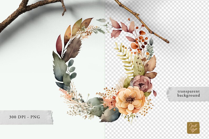 Boho Floral Wreath Clipart, Floral Wreath Clipart, Watercolor Floral ...