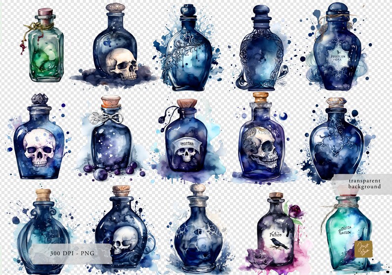 Watercolor Halloween Potion Clipart, Halloween Poison Bottle Clipart ...