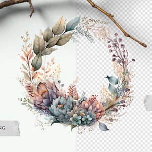 Boho Floral Wreath Clipart, Floral Wreath Clipart, Watercolor Floral ...