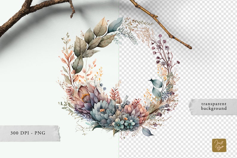 Boho Floral Wreath Clipart, Floral Wreath Clipart, Watercolor Floral ...