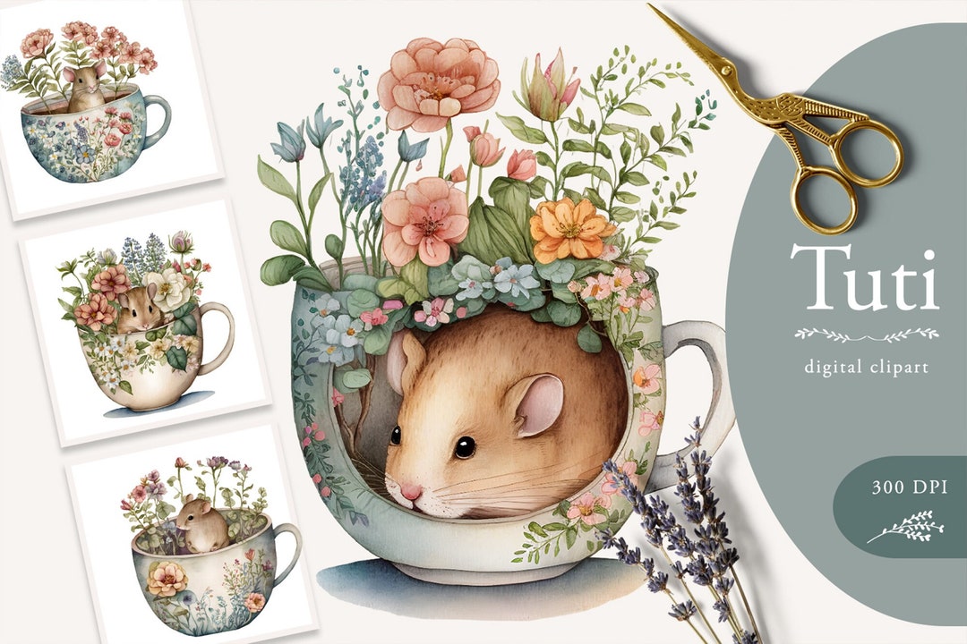 Mice Clipart, Mice in Tea Cups, Mice Whimsical Clipart Set - Watercolor Mice Clipart, Adorable ...