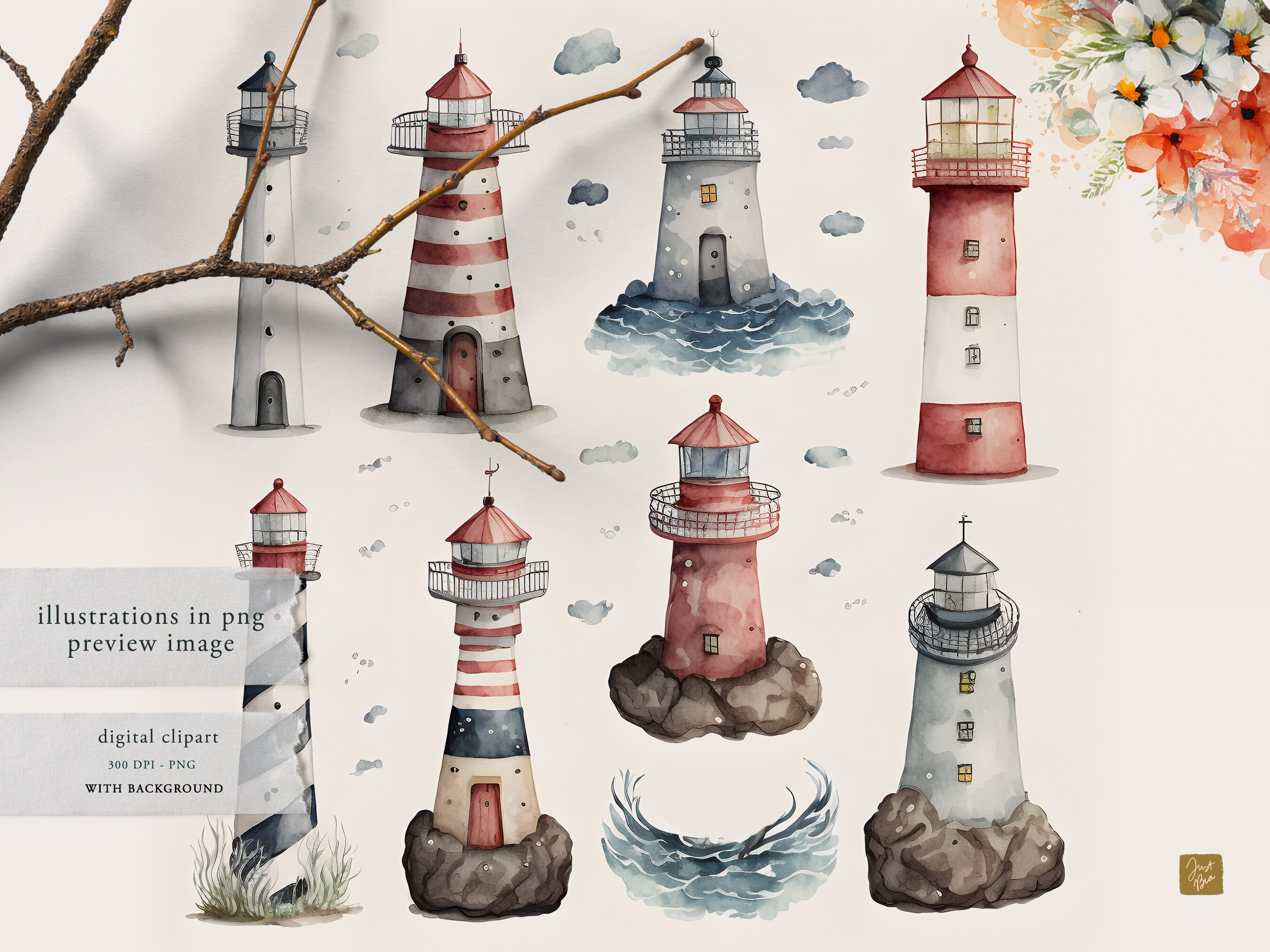 Lighthouses Clipart, Watercolor Lighthouses, Watercolor Bundle ...