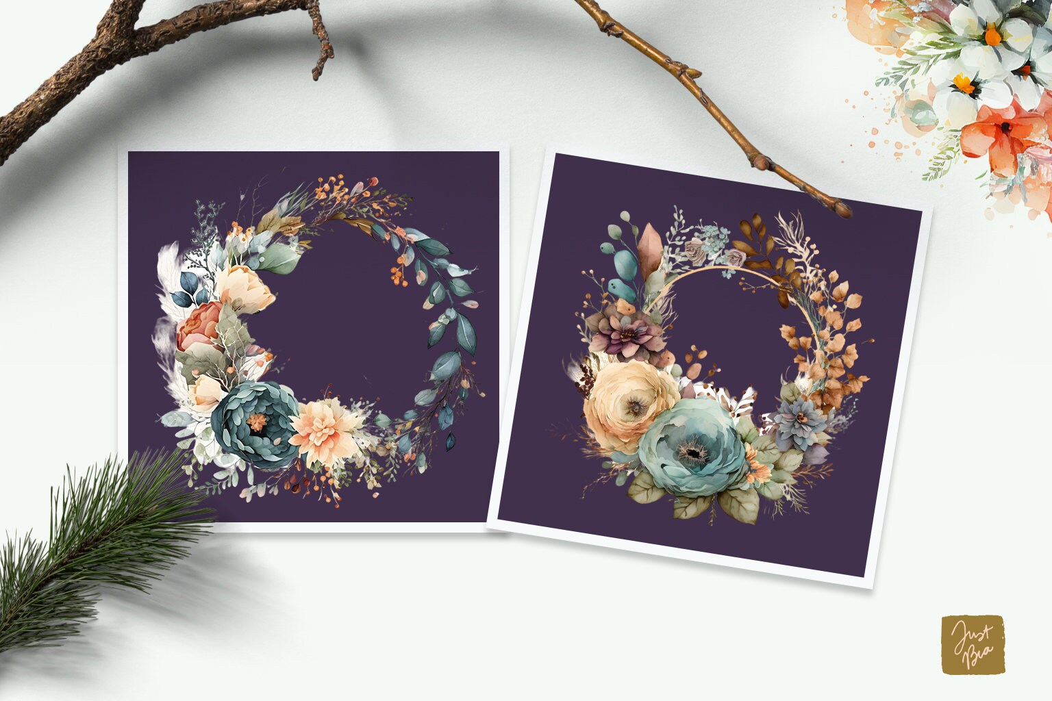 Boho Floral Wreath Clipart, Floral Wreath Clipart, Watercolor Floral ...